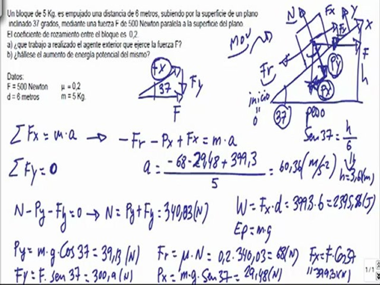 Ejercicio Resuelto De Plano Inclinado Trabajo Fuerza