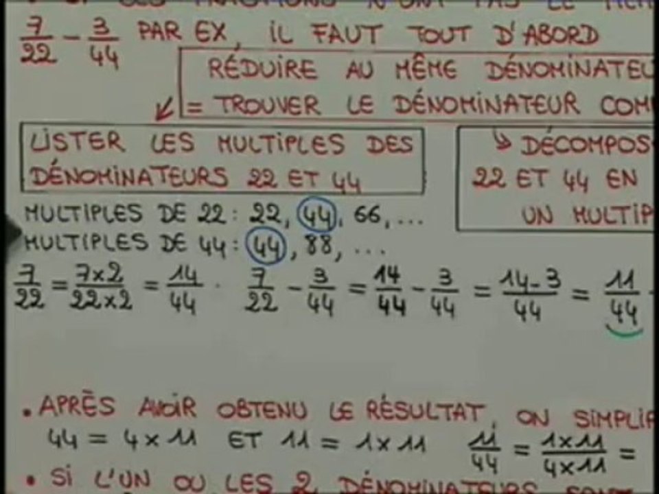 Mettre au même dénominateur deux fractions pour effectuer le calcul ...