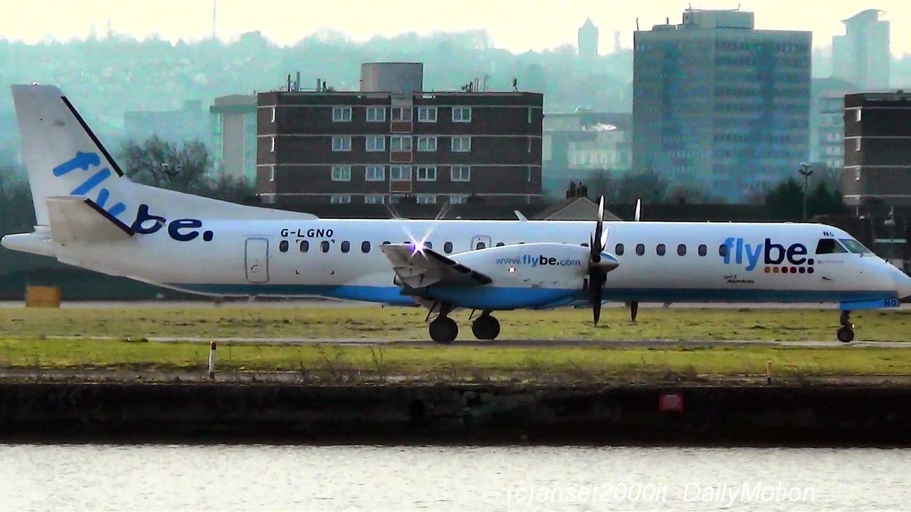 Saab 2000 FlyBe Propeller Plane Takeoff at London City Airport. Flight ...
