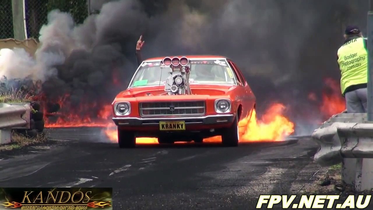 BLOWN V8 HOLDEN HQ ( KRANKY ) CATCHES FIRE IN THE BURNOUT FINALS AND ...