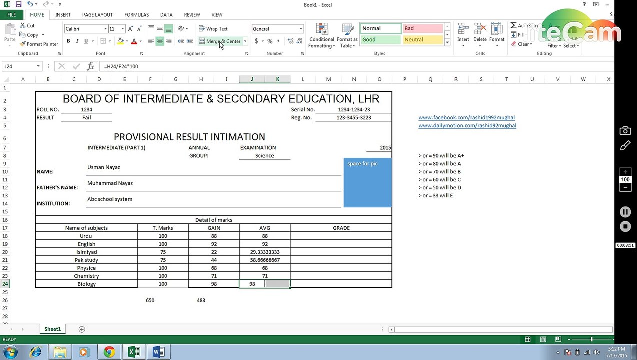 Mark sheet in MS Excel - Tutorail # 6 - video Dailymotion