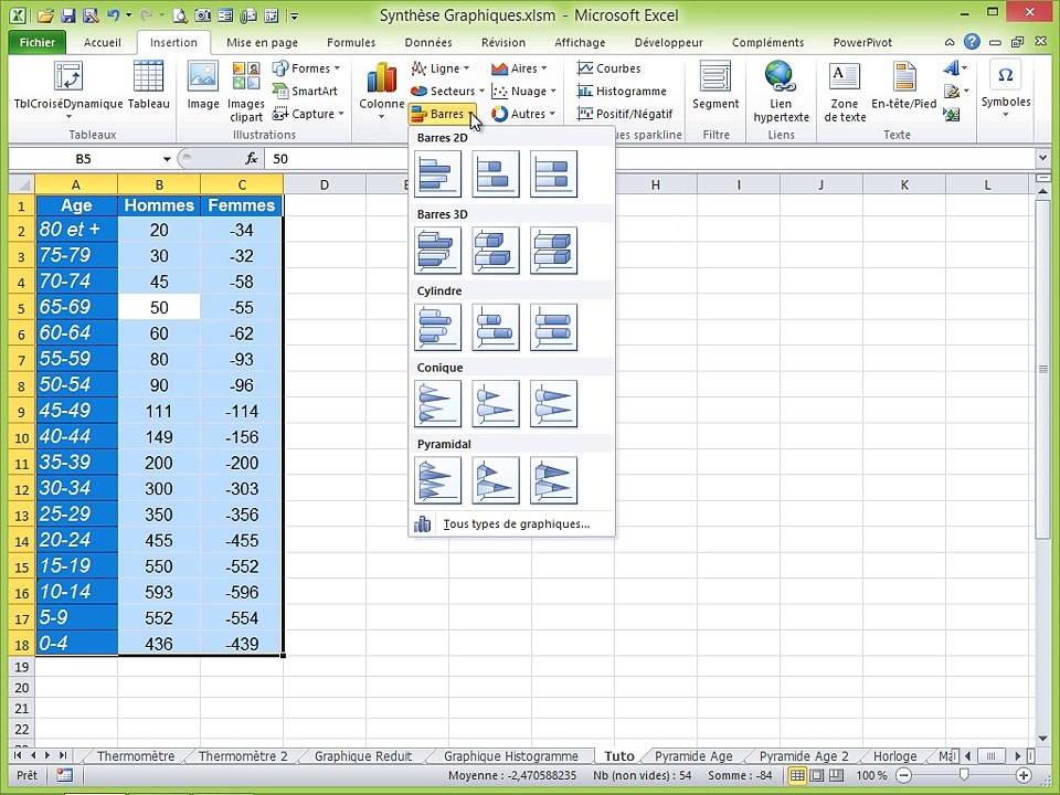 Excel - Créer un Graphique en forme de Pyramide des âges - Vidéo ...
