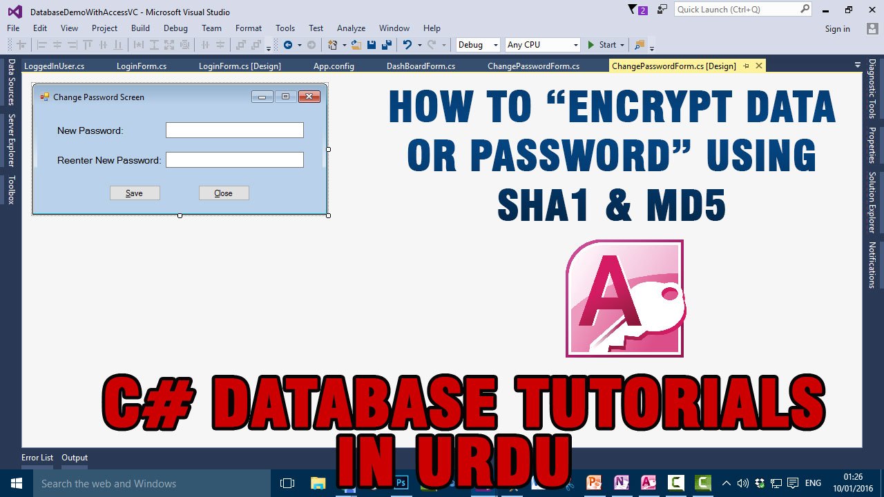 P(9) C# Access Database Tutorials In Urdu - Encrypt Data/Password using SHA1 & MD5 - video ...
