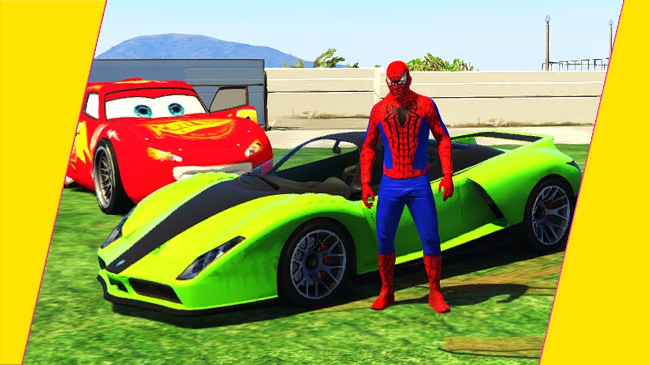 Funny Cartoon Spiderman - Driving On A Green Real Car and McQueen w ...