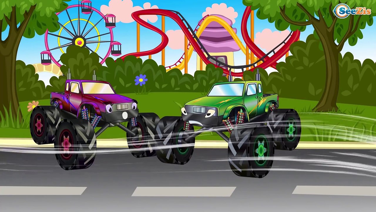 Araba cizgi filmleri. Monster Truck ve İtfaiye arabası. Eğitici çizgi ...