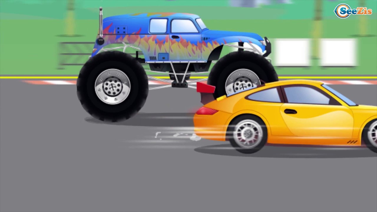 Un Camion Monstruo, Coche de carreras. Carrera LOCA Para Niños ...