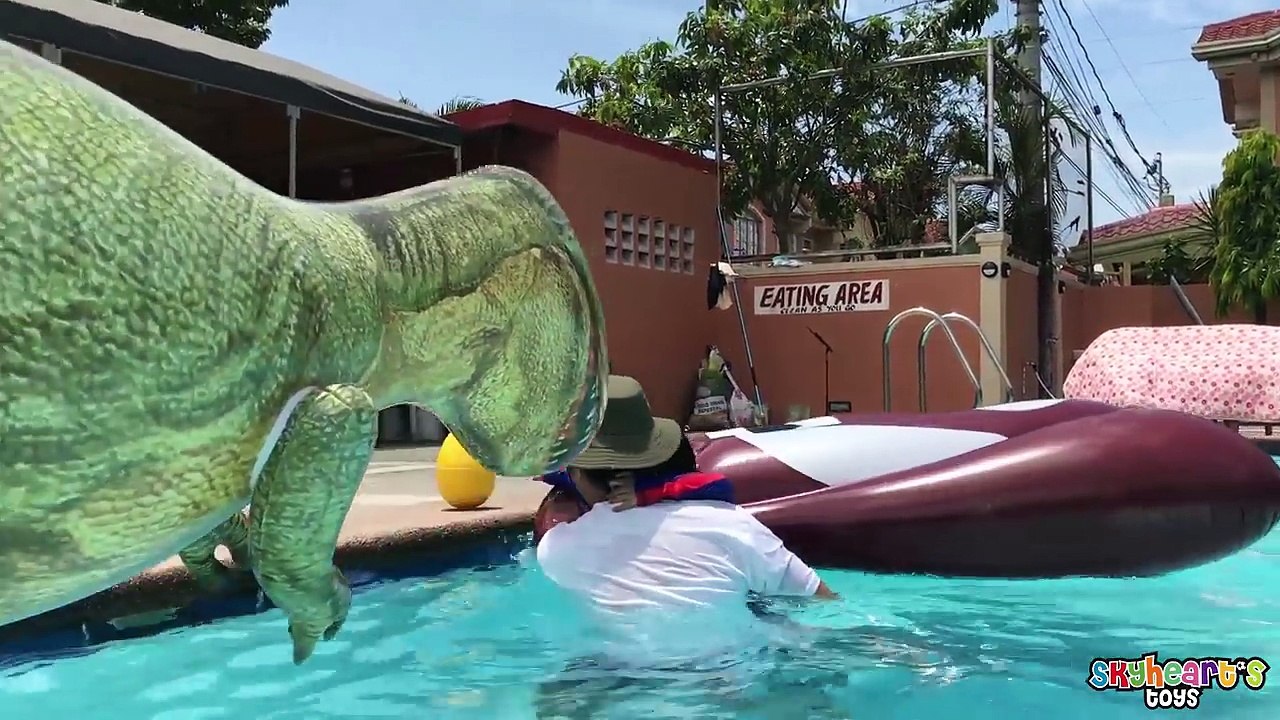 T-REX Giant Poop in Swimming Pool - Inflatable Dinosaur toys and ...