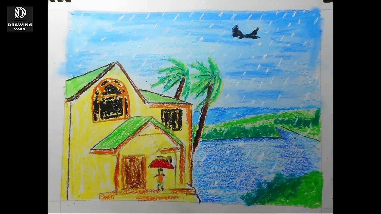 How to draw monsoon season step by step with oil pastels in Hindi ( 180 ...