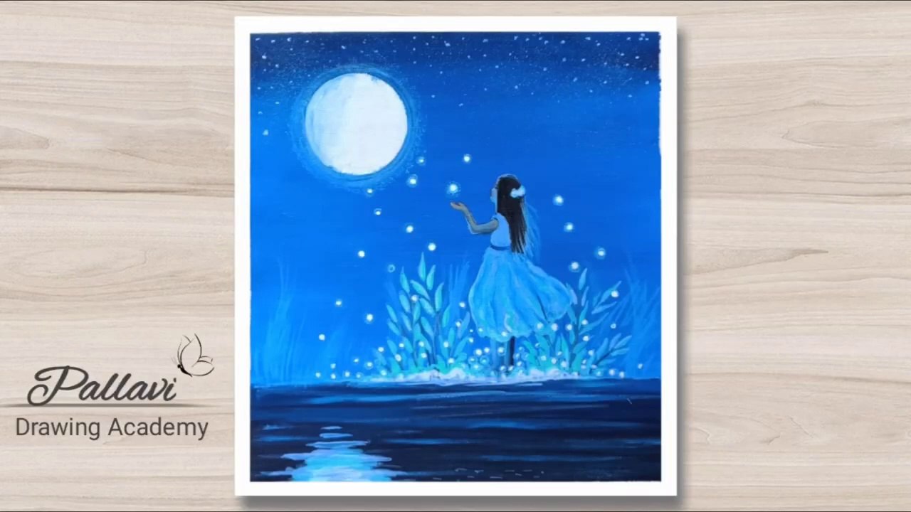 How to draw a girl looking the moon __ step by step night painting ...