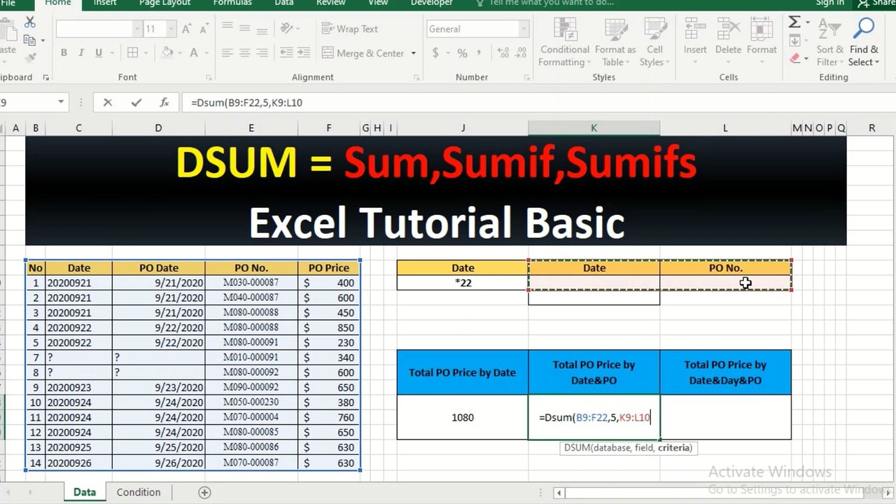 15. Excel Tutorial Basic - DSUM function - Alternative for Sum Sumif Sumifs - video Dailymotion