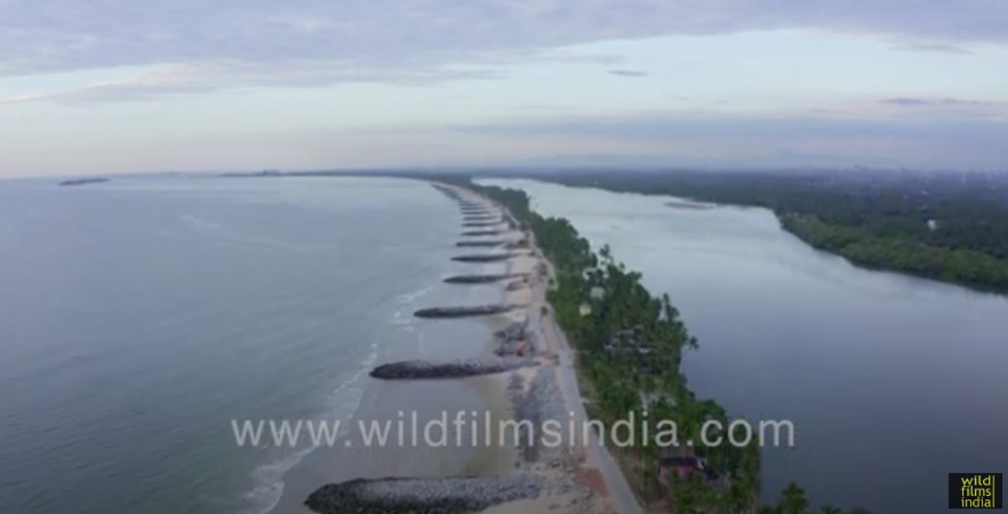 Pithrody Udyavar Beach in aerial view _ Beach between sea and river in ...