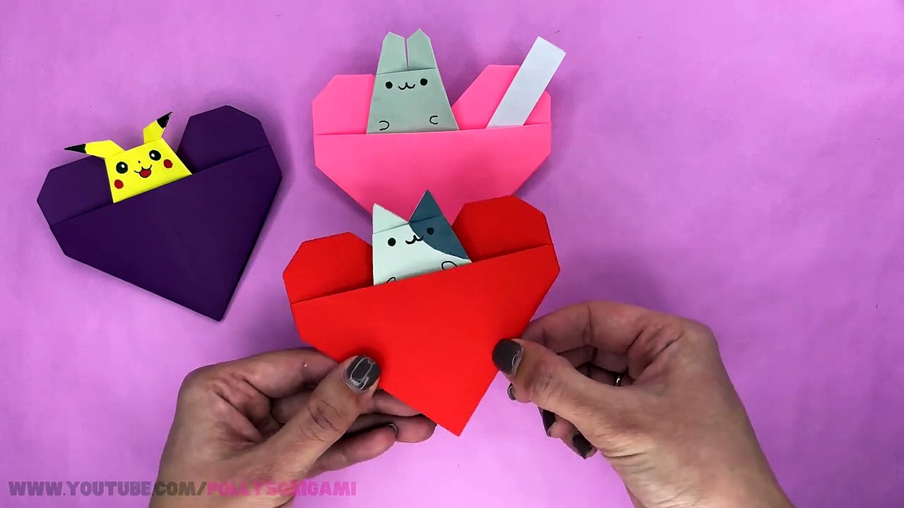 How To Make Origami Heart [Origami Heart Pocket With Origami Cat ...
