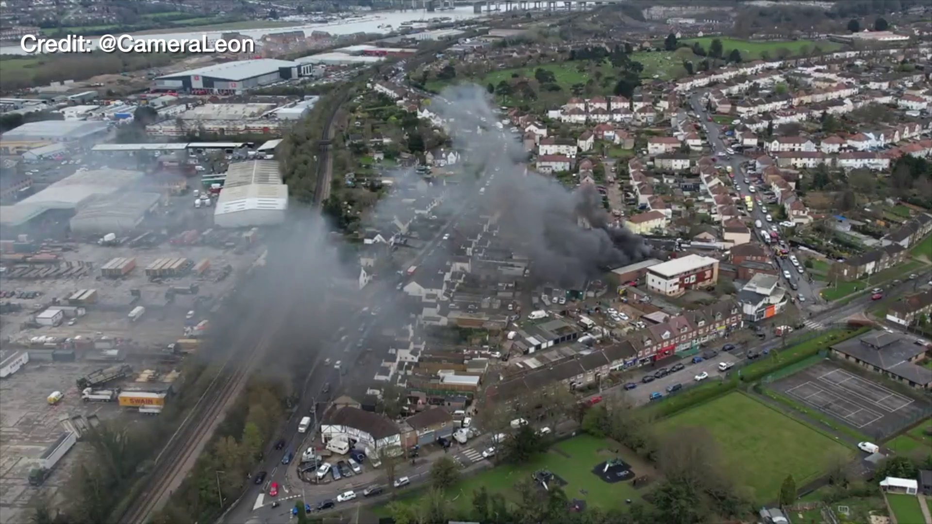 Drone footage of fire in Cedar Road