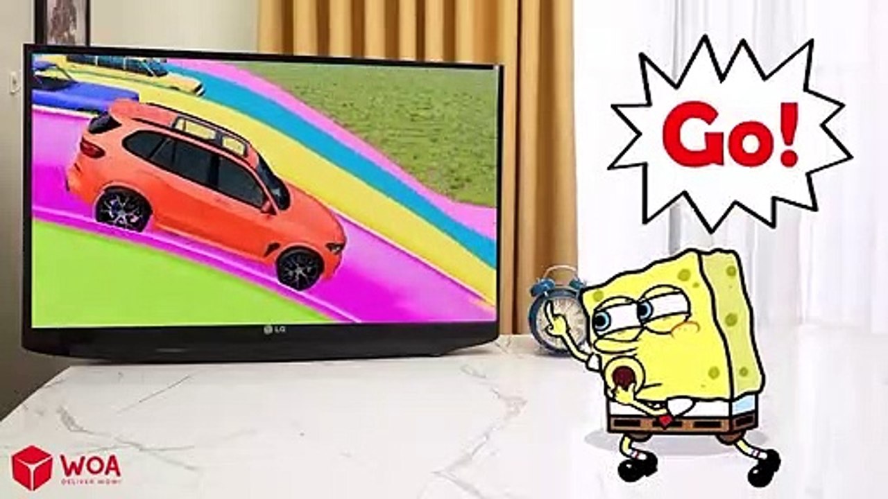 Spongebob & Lightning McQueen jump together in real time, car vs ...