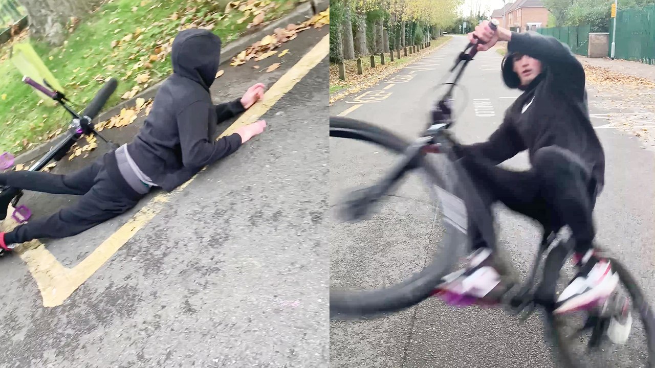 Cyclist attempting to wheelie on damp road faces hilarious fail - video ...