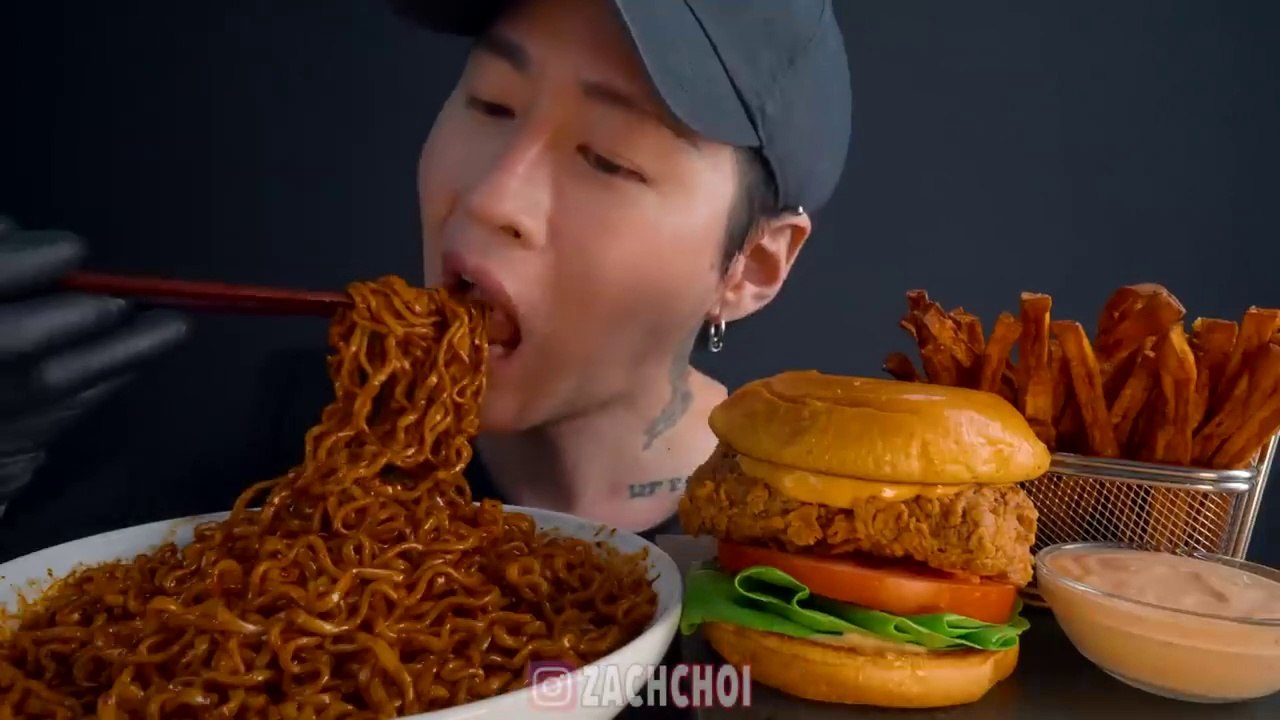 ASMR MUKBANG BLACK BEAN FIRE NOODLES & POPEYES CHICKEN SANDWICH COPYCAT _ COOKING & EATING ASMR ...