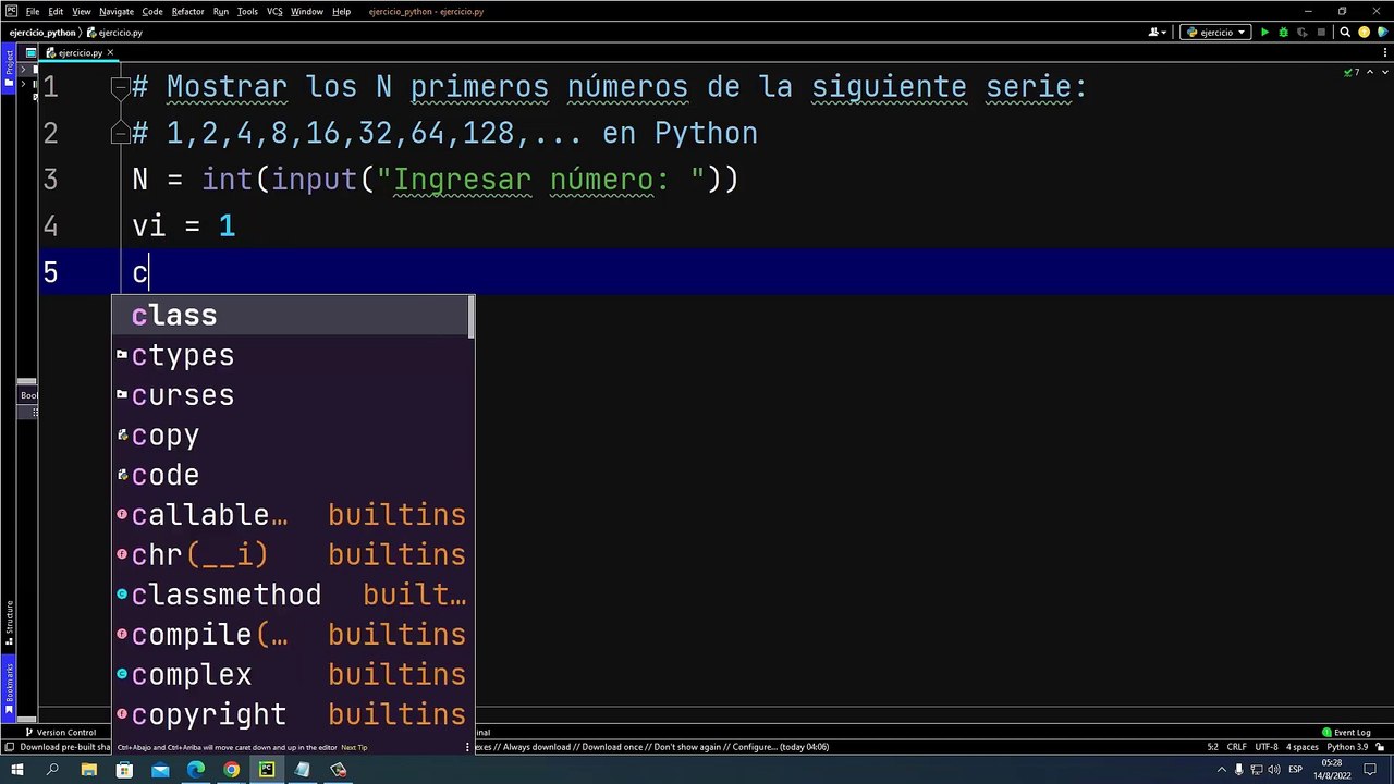 Mostrar los N primeros números de la siguiente serie: 1,2,4,8,16,32 ...