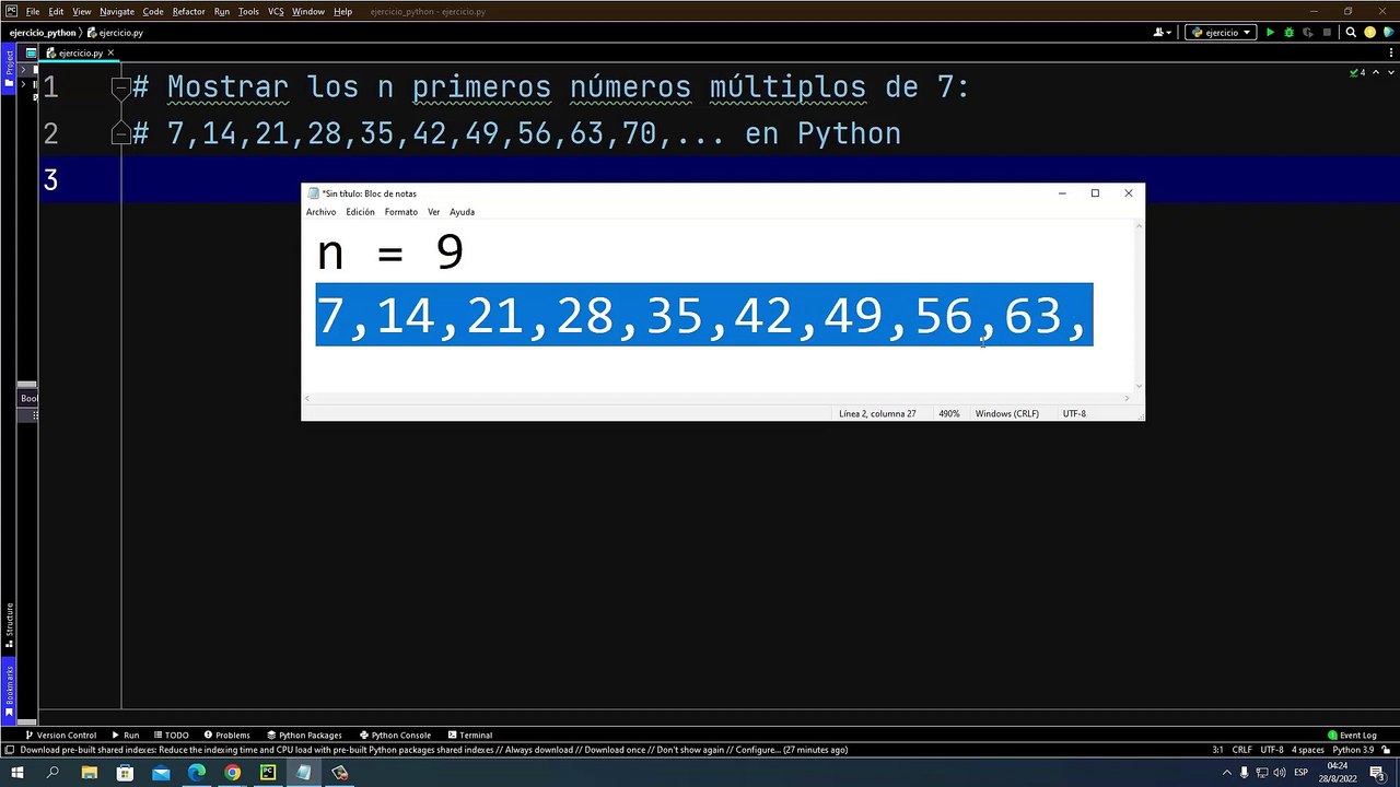 Mostrar los n primeros números múltiplos de 7: 7,14,21,28,35,42,49,56 ...