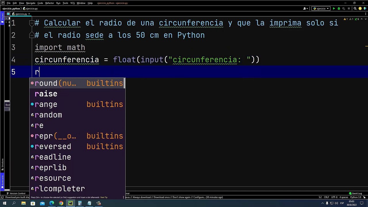 Calcular el radio de una circunferencia y que la imprima solo si el ...