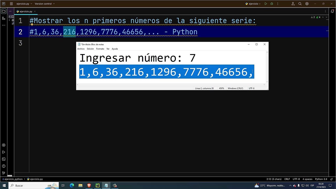 Mostrar los n primeros números de la siguiente serie: 1,6,36,216,1296 ...