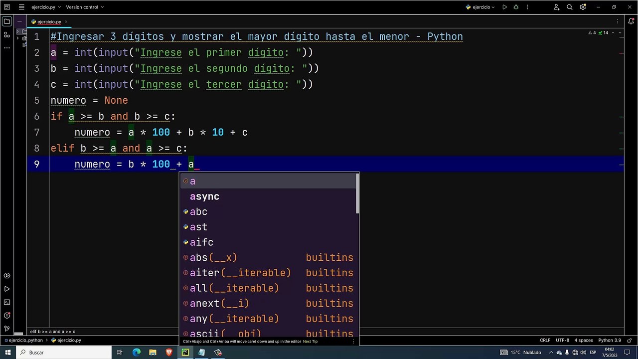 Ingresar 3 dígitos y mostrar el mayor dígito hasta el menor en Python ...