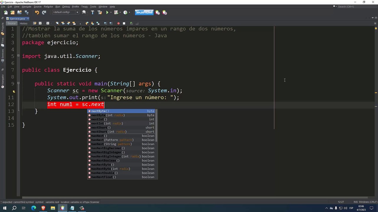 Mostrar la suma de los números impares en un rango de dos números, también sumar el rango de los ...