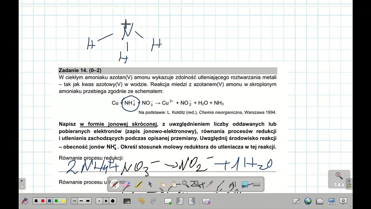 ZADANIE 14 CKE 2021 CZERWIEC REDOX_ Cu+NH4^(+)+NO3^(−)→Cu^(2+)+NO2^(− ...