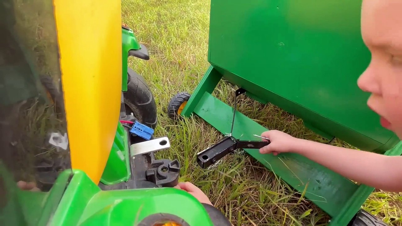 Baling hay with kids power wheel tractor & real tractor to feed horse ...