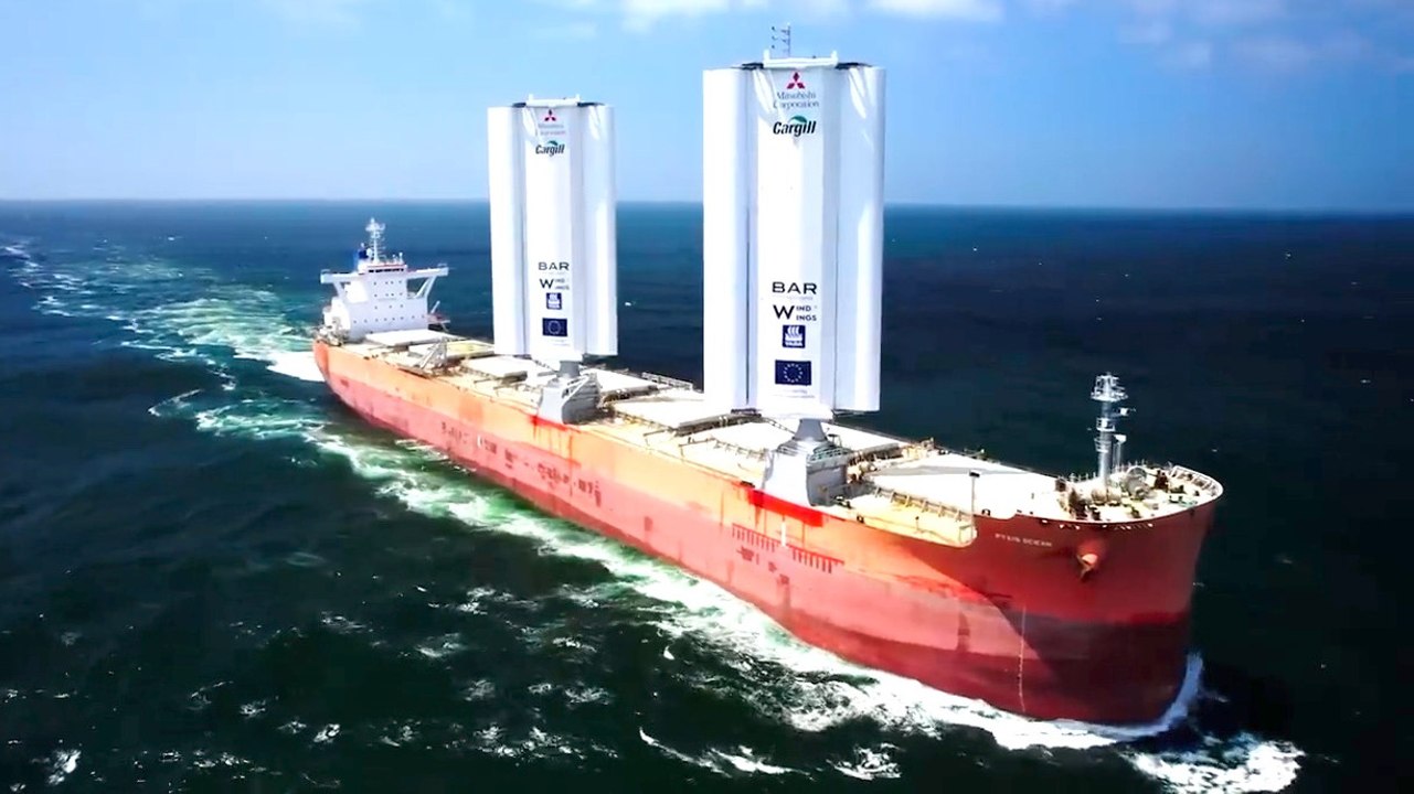 Wind Turbine Powered Cargo Ship Sets Sail In World First - video ...