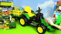 Baling hay with kids power wheel tractor & real tractor to feed horse ...