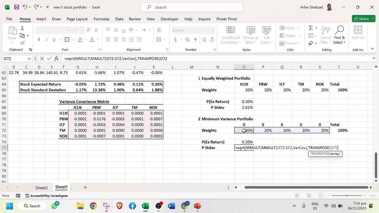 Creating Five Stock Portfolios in Excel | Equal Weighted, Minimum Variance, Optimized, Five ...