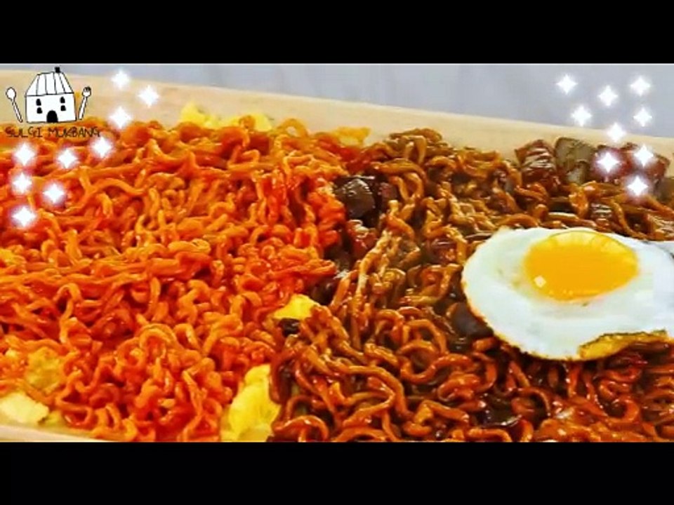 ASMR MUKBANG | Fire noodles & Black bean noodles, Green onion Kimchi, Seasoned Pickled radish ...
