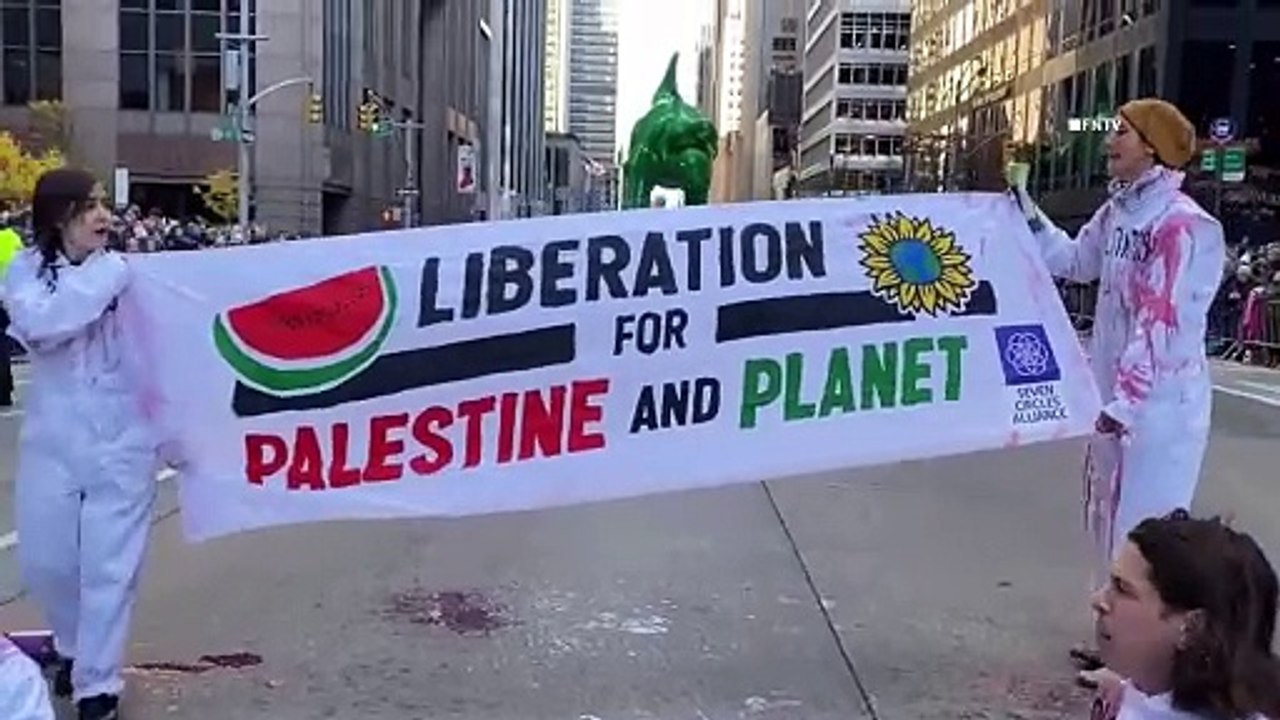 WATCH: Pro-Palestinian protesters covered in fake blood glue hands to ...