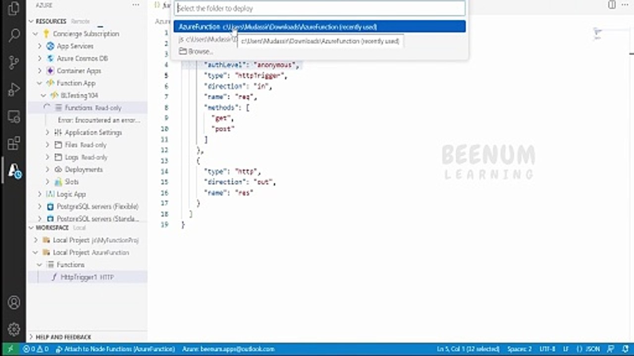 12 Use VSCode to deploy functions locally for Azure Function - video Dailymotion