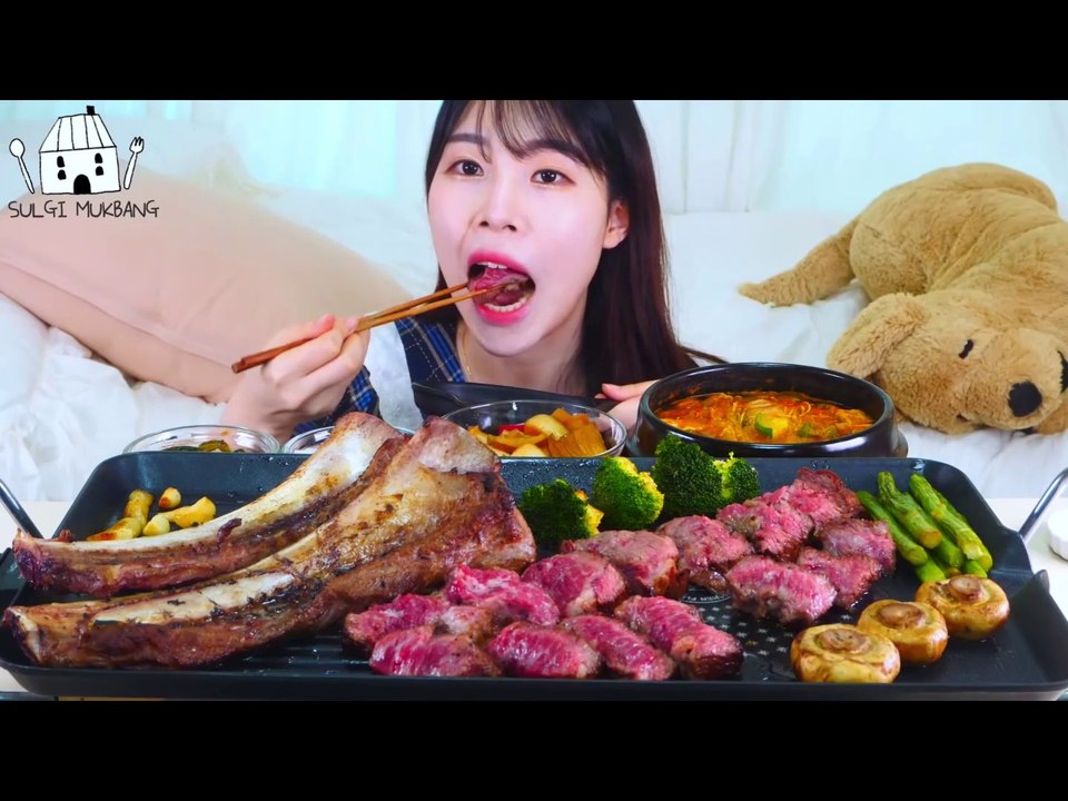 ASMR MUKBANG| Big beef rib steak & Soybean Paste Stew, Pickled onions, Portobello mushroom ...