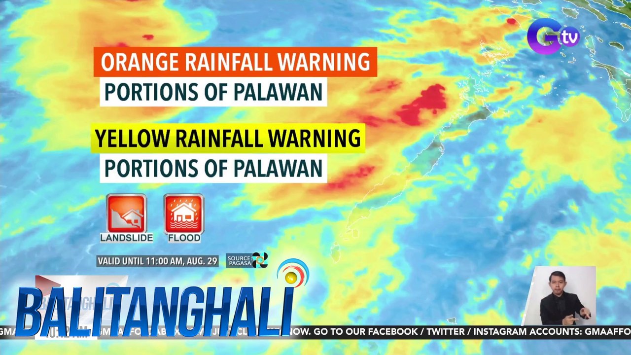 Orange at yellow rainfall warning, itinaas sa ilang bahagi ng Palawan dahil sa hanging Habagat ...