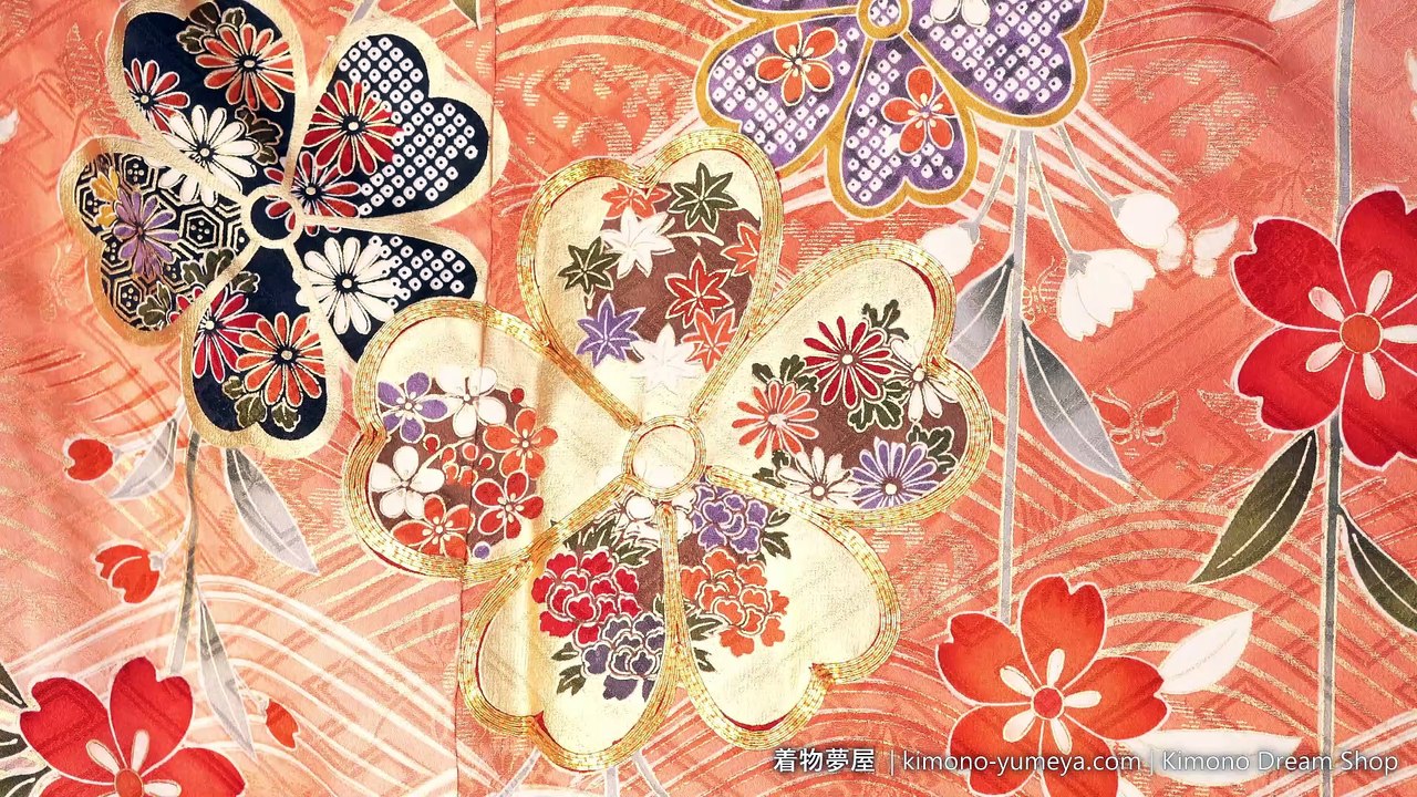 Weeping Cherry Blossoms & Butterflies Pink Gold & Black Furisode with ...