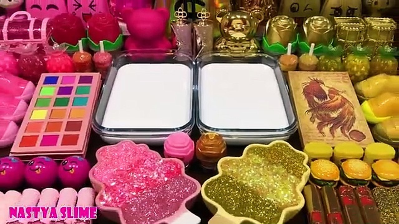 PINK vs GOLD ! Mixing Random Things into Glossy Slime ! Satisfying ...