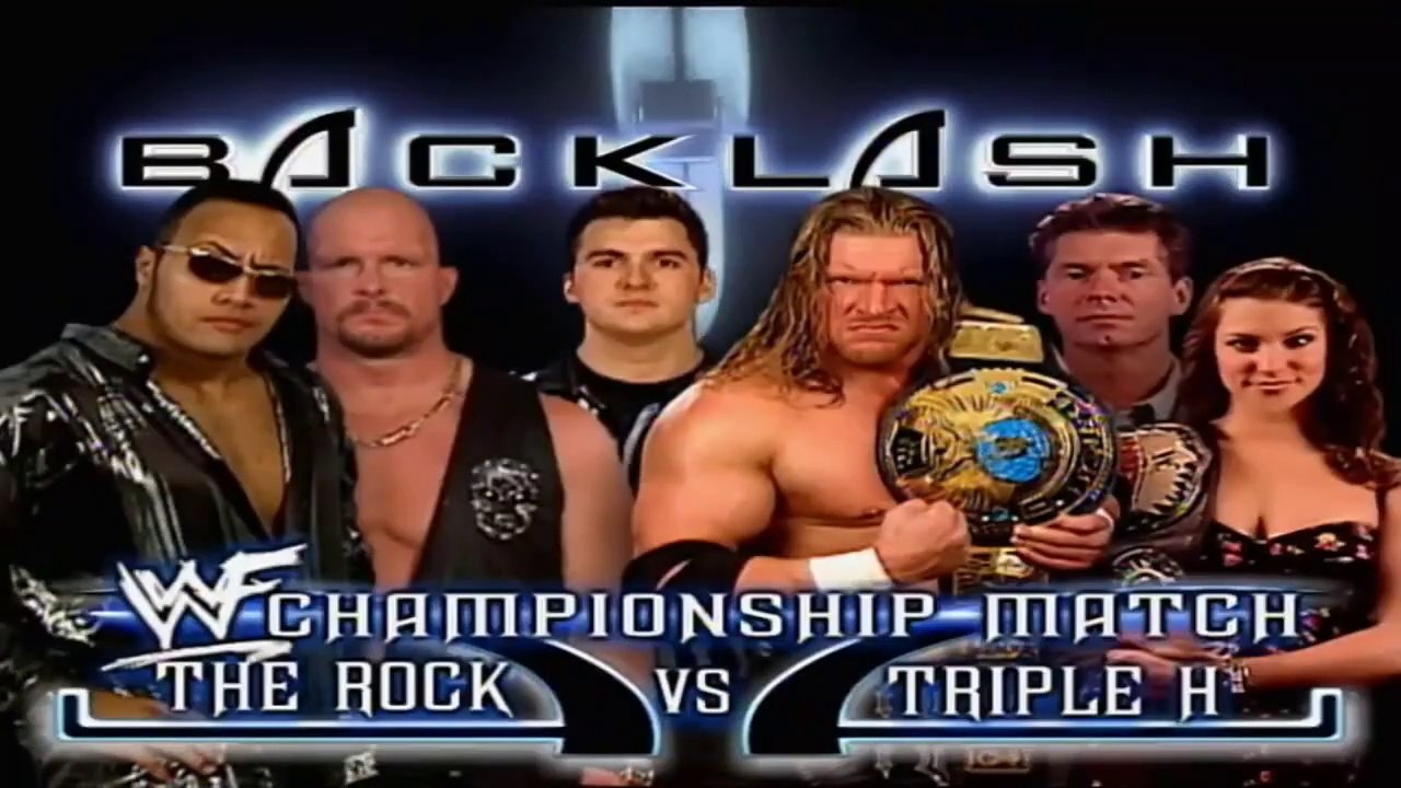 Triple H w/Stephanie McMahon Helmsley & Mr McMahon vs The Rock w/ Stone ...