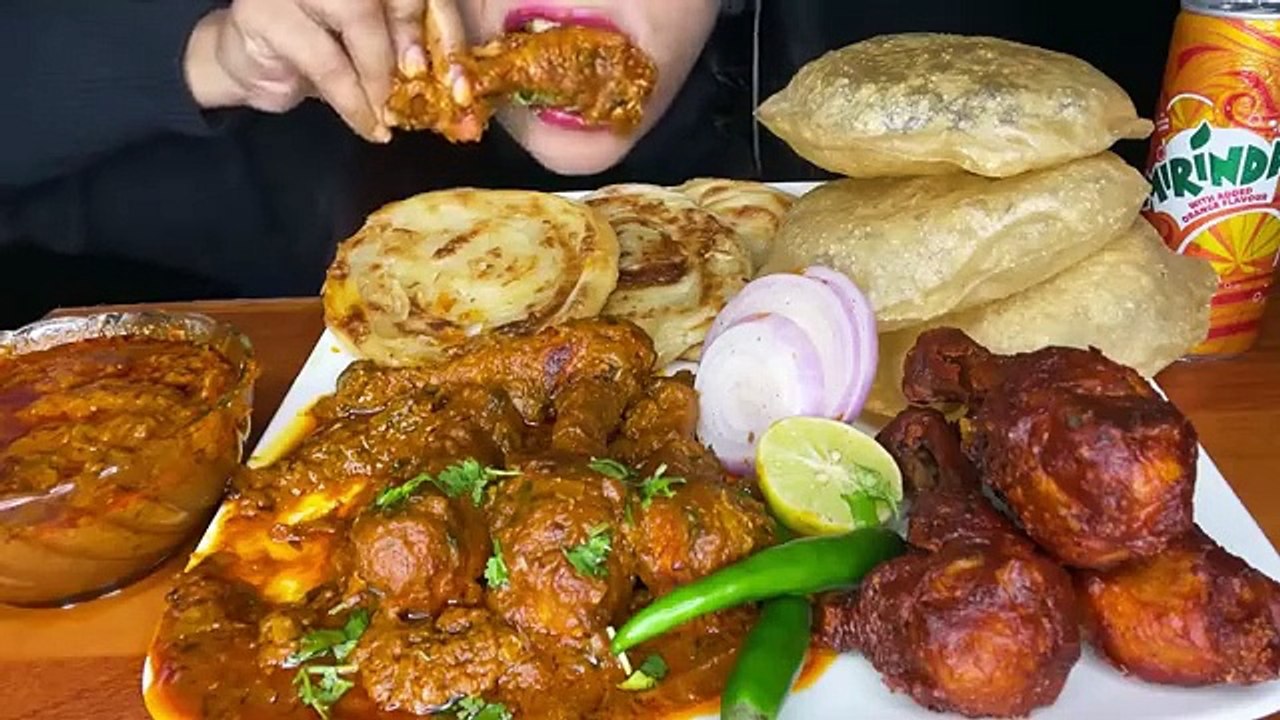 ASMR_EATING POORI WITH CHICKEN+PARATHA+SPICY CHICKEN MASALA+CHICKEN LEG ...