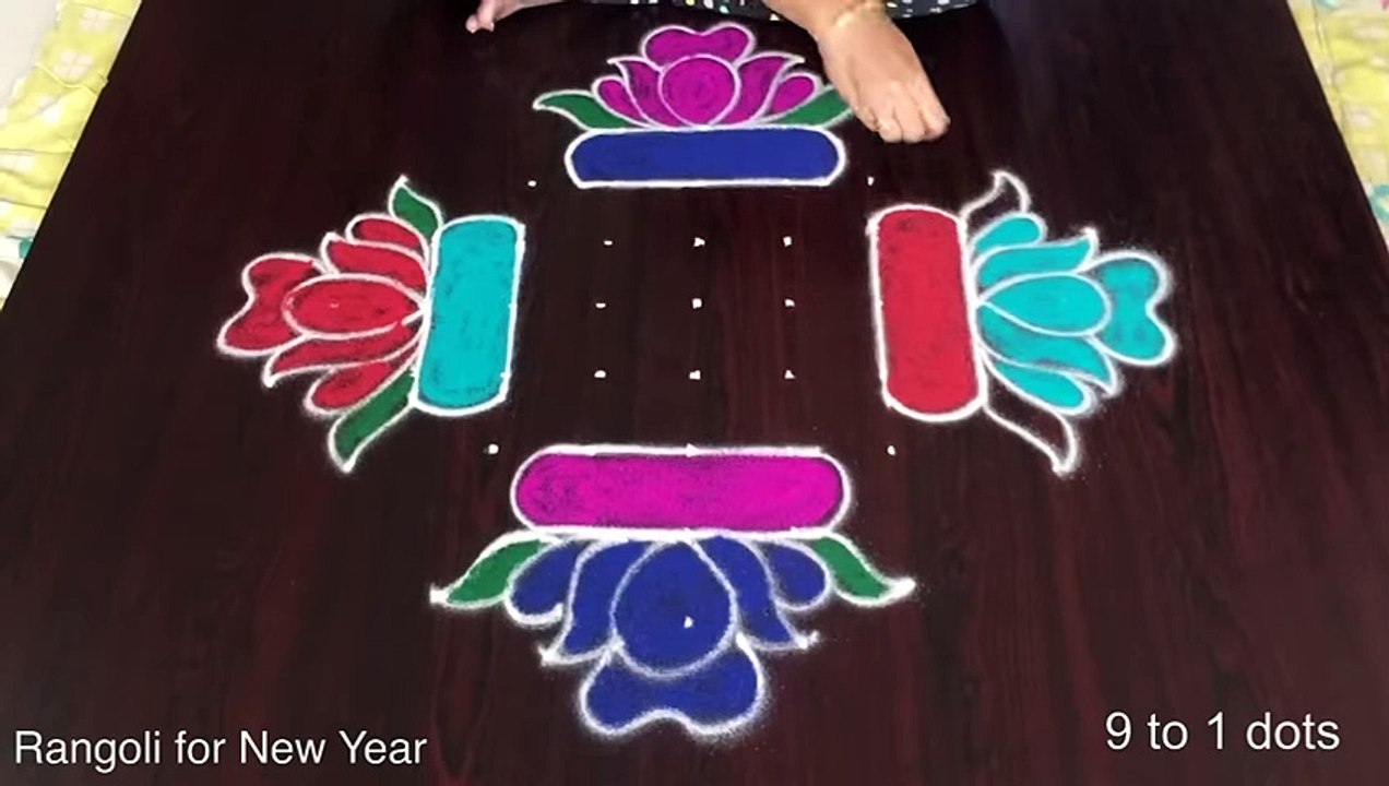 Newyear Kolam | 9 Dots Rangoli With Colour | Flower Muggulu Designs ...