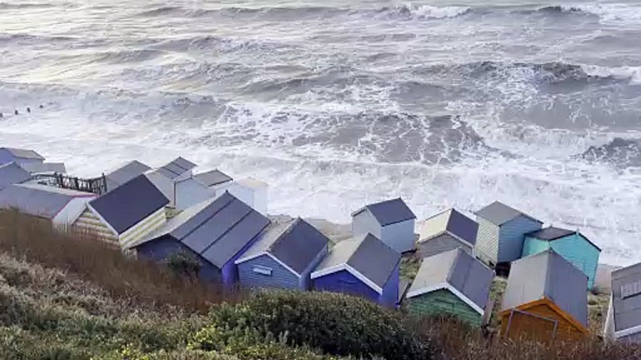 Beach huts at Hordle Cliff, Milford, in the wake of Storm Herminia 28th ...