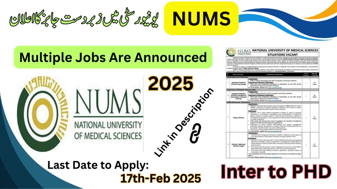 NUMS 2025 Jobs | National University of Medical Science | Punjab Jobs ...