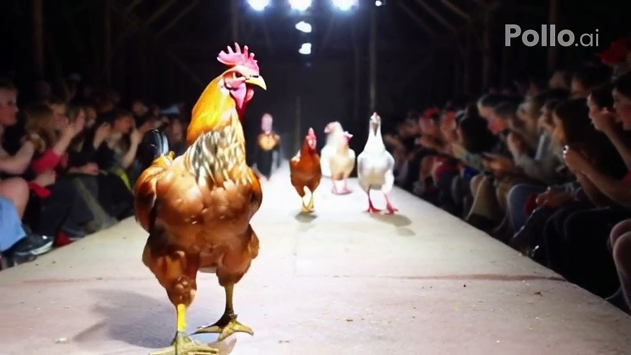 Text to video 丨 Chickens strutting down the runway in stylish outfits ...