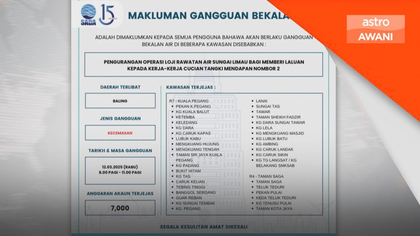Gangguan bekalan air: 65,000 pengguna SADA di Kota Setar, Kubang Pasu terjejas | Astro Awani