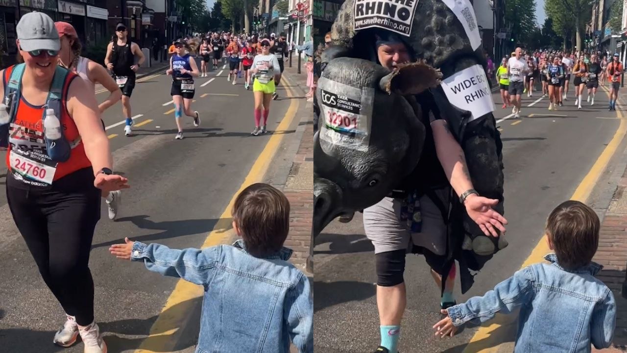 Cute clip shows little boy high-fiving London Marathon runners - video ...