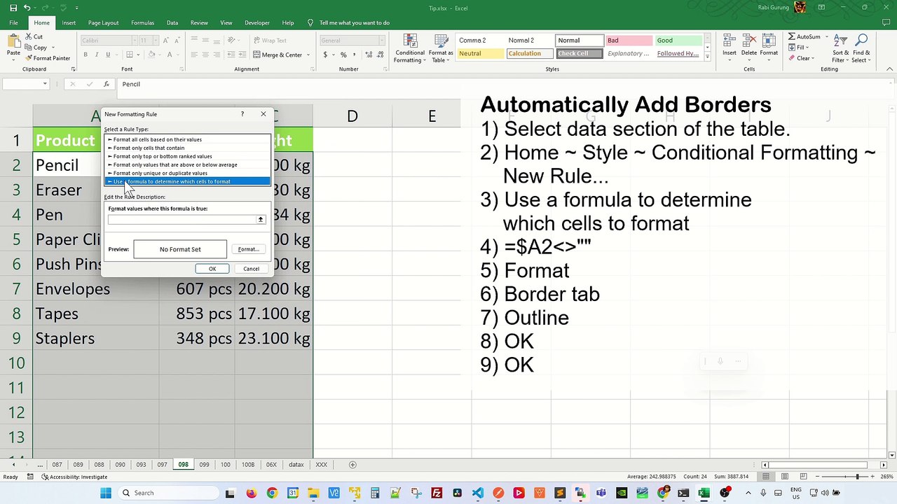 How to Make Borders Automatically Appear as Data is Added - Excel Tips and Tricks - video ...