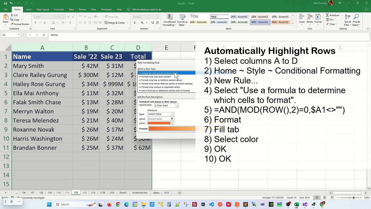 Apply color to alternate rows or columns in Excel - Excel Tips and Tricks - video Dailymotion