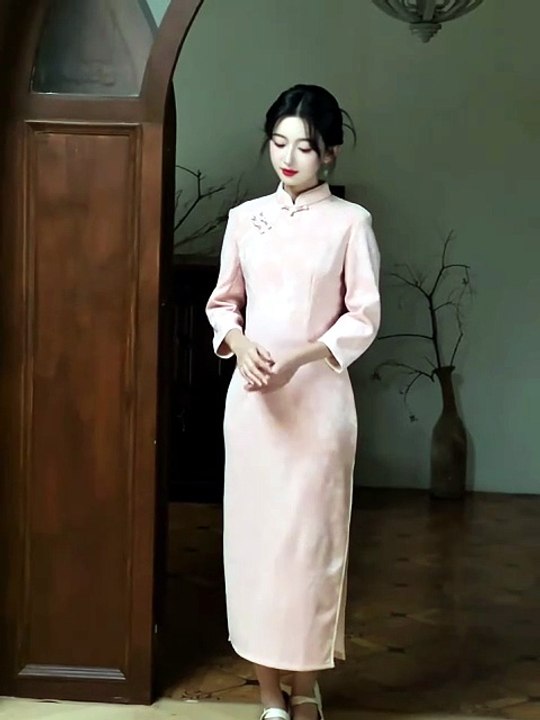 Women's Elegant Pink Qipao Dress – Long Sleeve Traditional Chinese ...